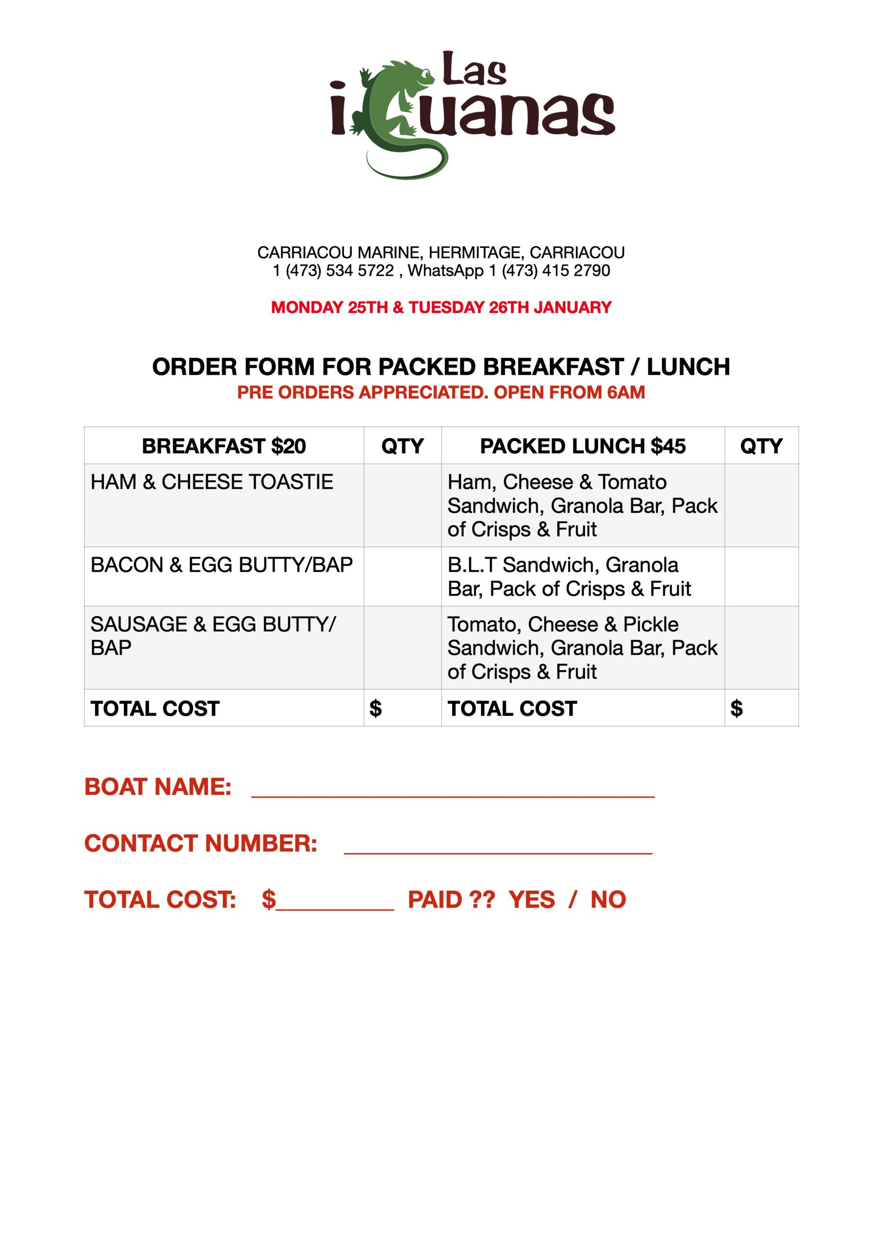 Pre-Order Food - Grenada Sailing Week
